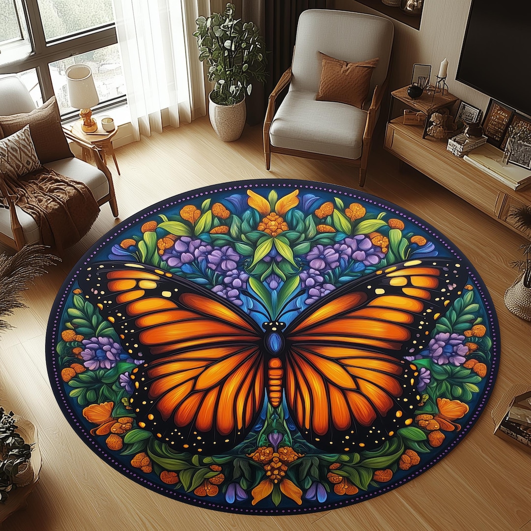 Colorful Butterfly Rug, Butterfly Round Rug, Butterfly Rug, Butterfly ...