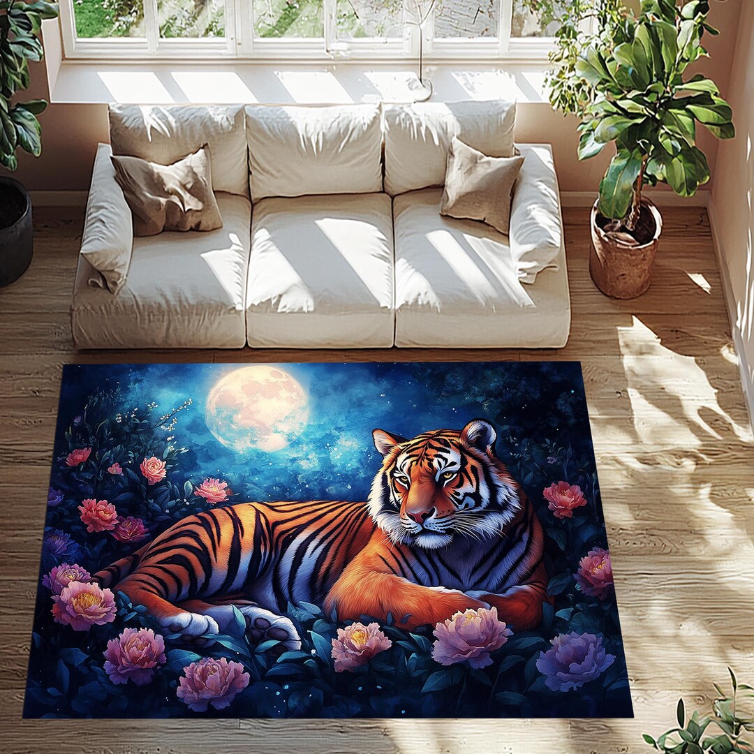 Tiger Themed Rug, Forest Inspired Rug, Floral Tiger Rug, Moon and Tiger ...