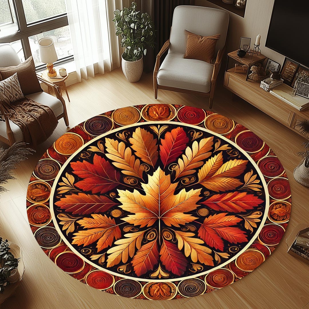 Autumn Leaf Mandala Rug, Round Fall Botanical Rug, Fall Area Rug, Leaf ...