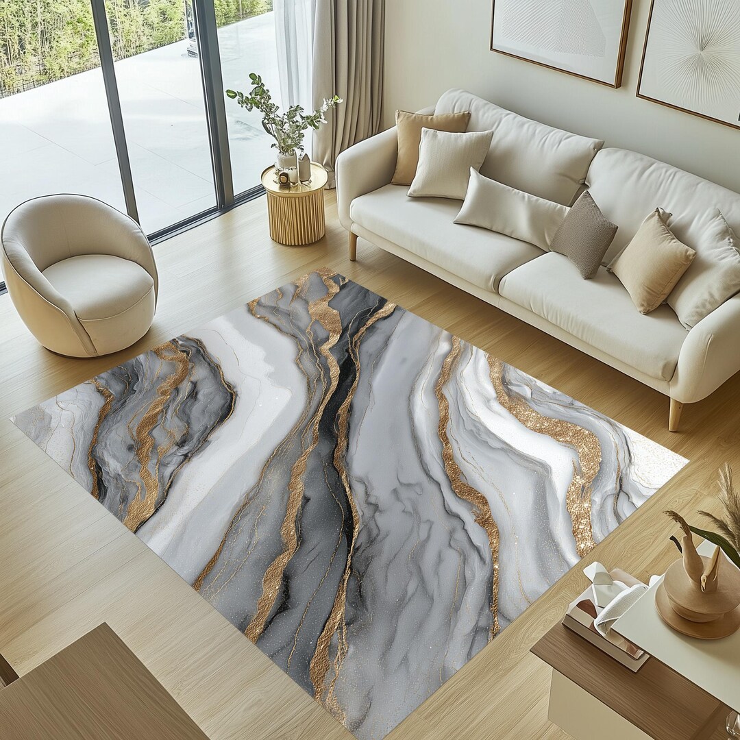 Gray Marble Area Rug, Abstract Gold Veins, Soft Velvet Top - Etsy