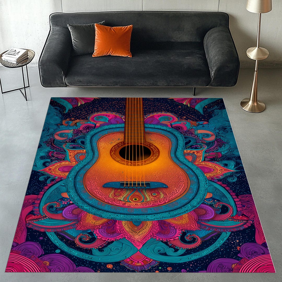 Psychedelic Guitar Rug, Guitar Area Rug, Colorful Guitar Rug, Music ...