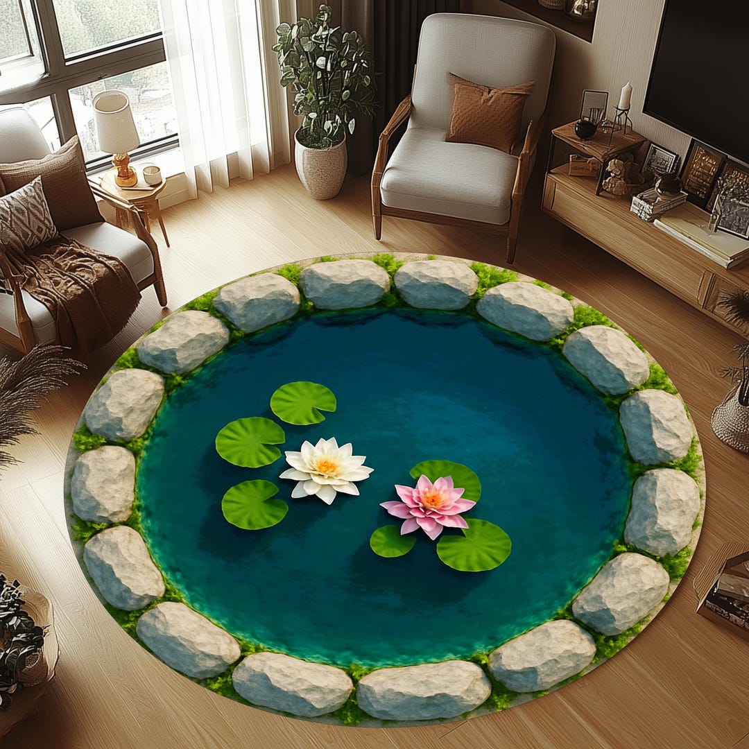 Lotus Flower Round Rug, Lotus Pond Rug, Nature Inspired Rug, Serene ...