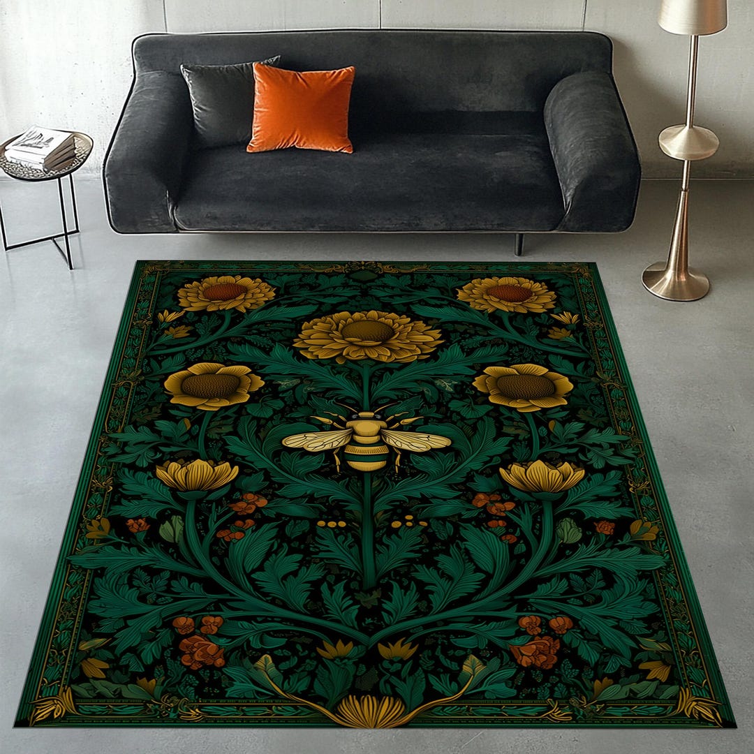 Botanical Bee Rug, Floral Bee Rug, Bee Area Rug, Dark Aesthetic Rug ...
