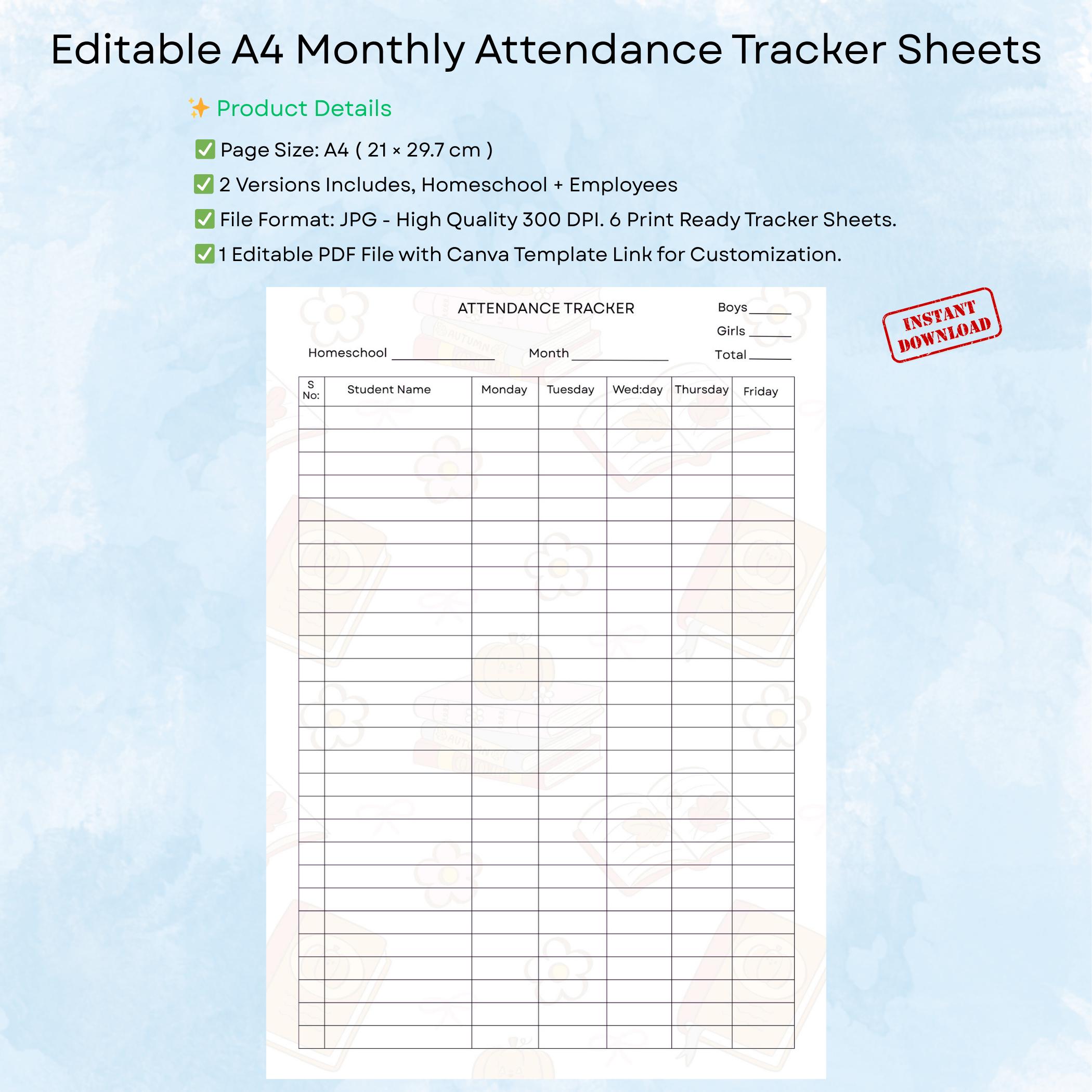 A4 Monthly Attendance Tracker Printable | Homeschool Office Log - Etsy