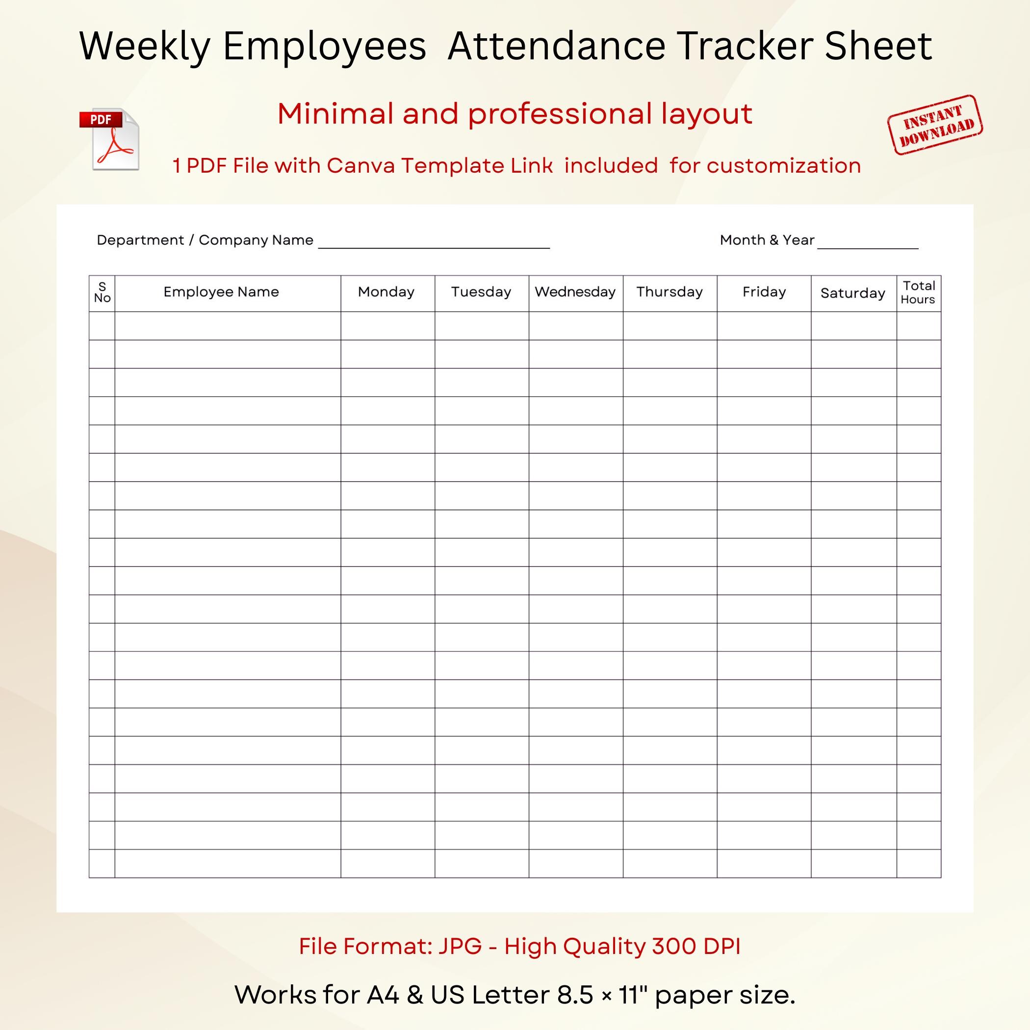 Weekly Attendance Tracker | Printable Employee Timesheet - Etsy