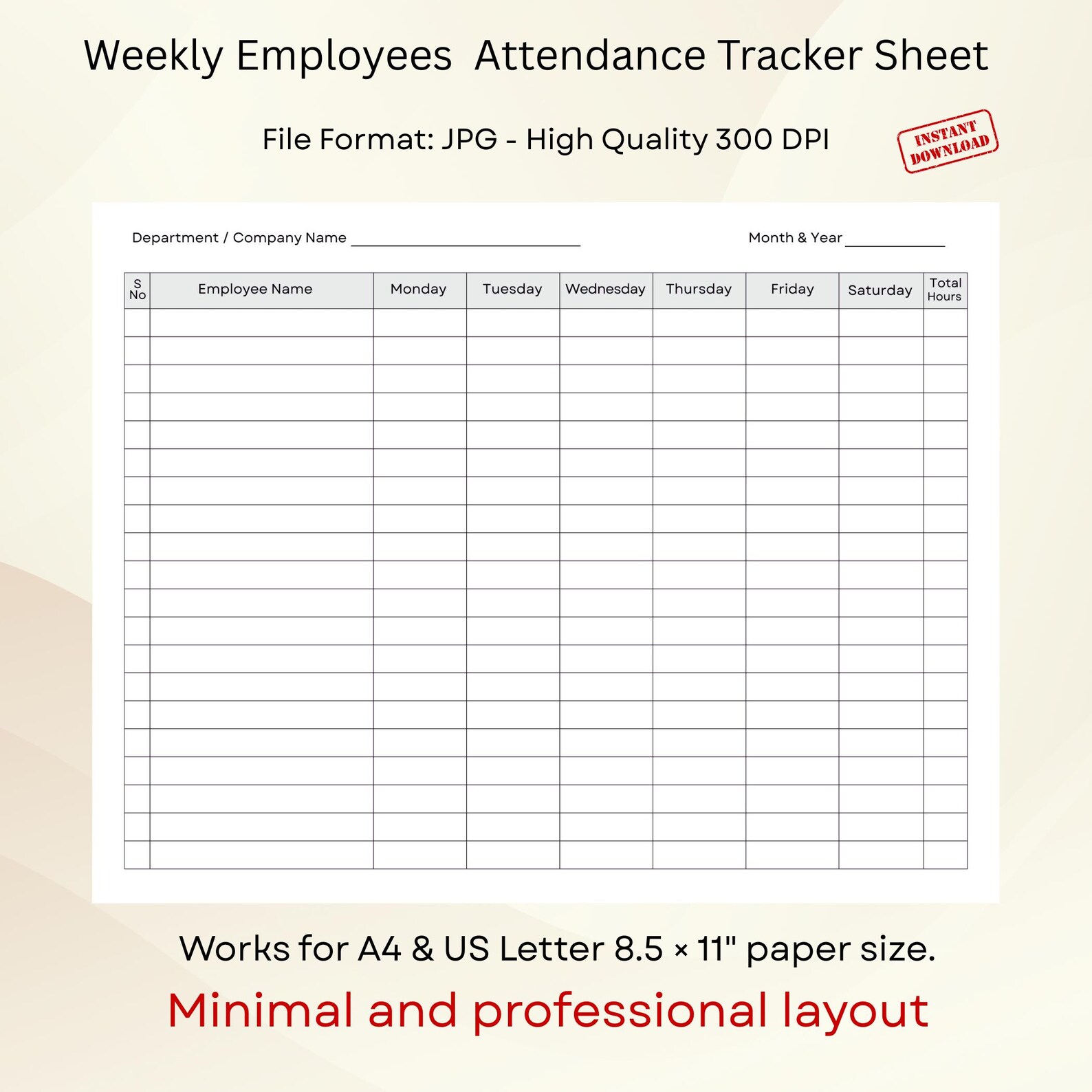 Weekly Attendance Tracker | Printable Employee Timesheet - Etsy