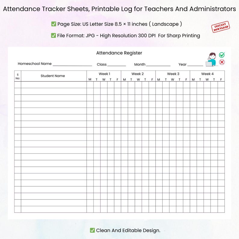 Attendance Tracker Sheet | Printable Log for Teachers and ...
