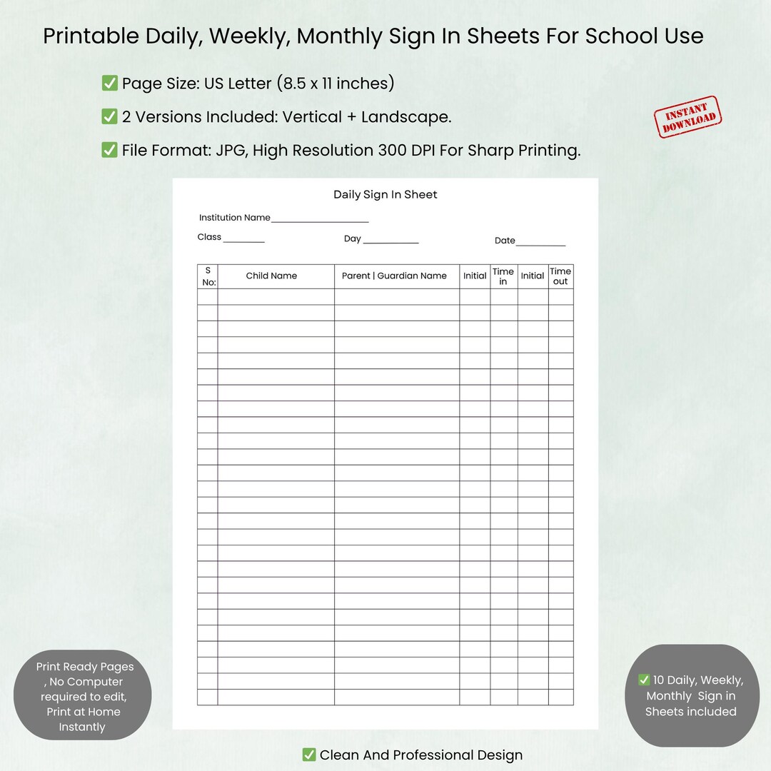 Student Sign in Log Sheet | Printable Attendance Tracker for Classroom ...
