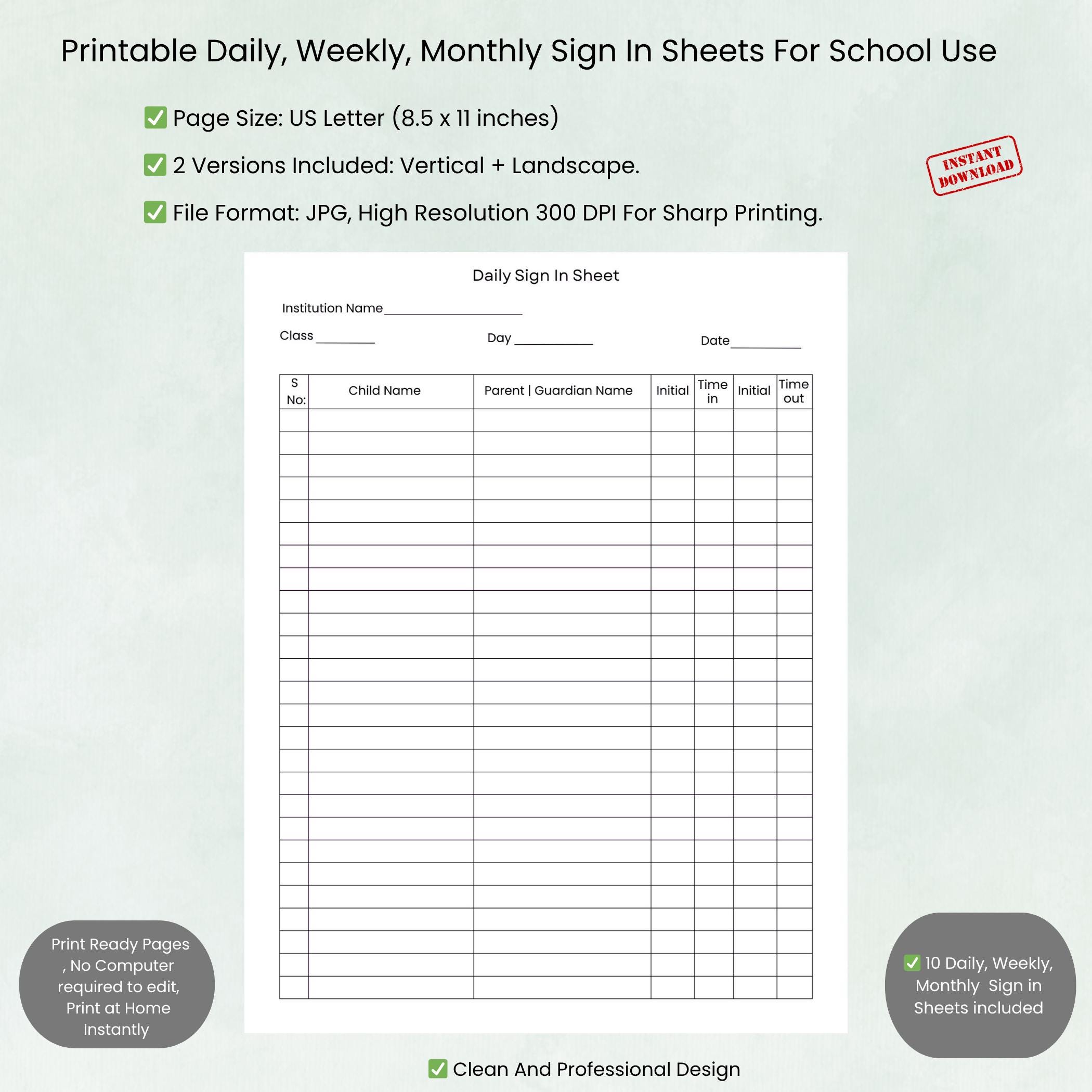 Student Sign in Log Sheet | Printable Attendance Tracker for Classroom ...
