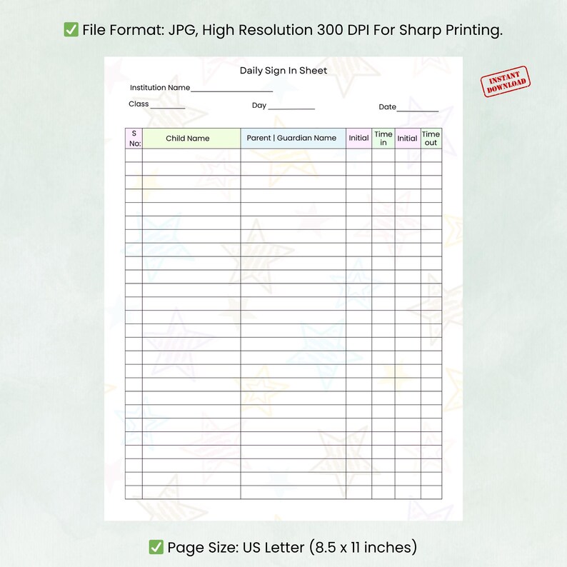 Student Sign in Log Sheet | Printable Attendance Tracker for Classroom ...