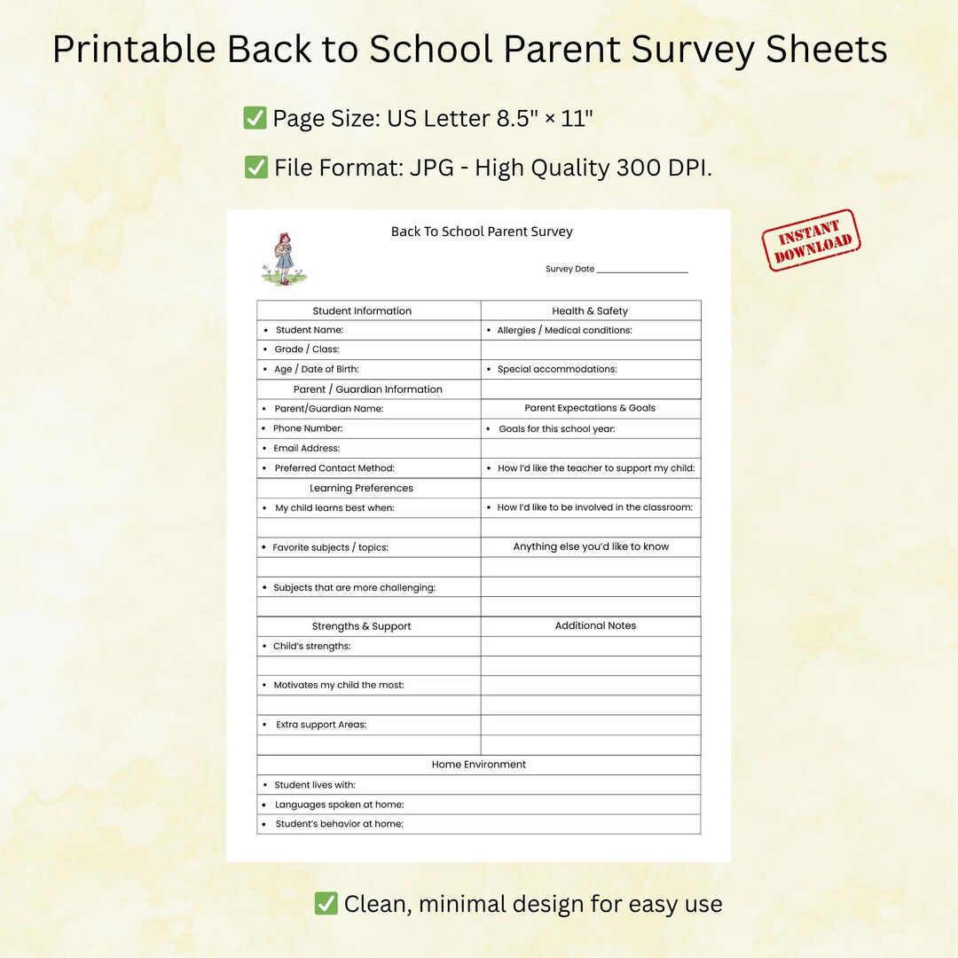 Parent Survey Form Printable | Student Information Sheet - Etsy