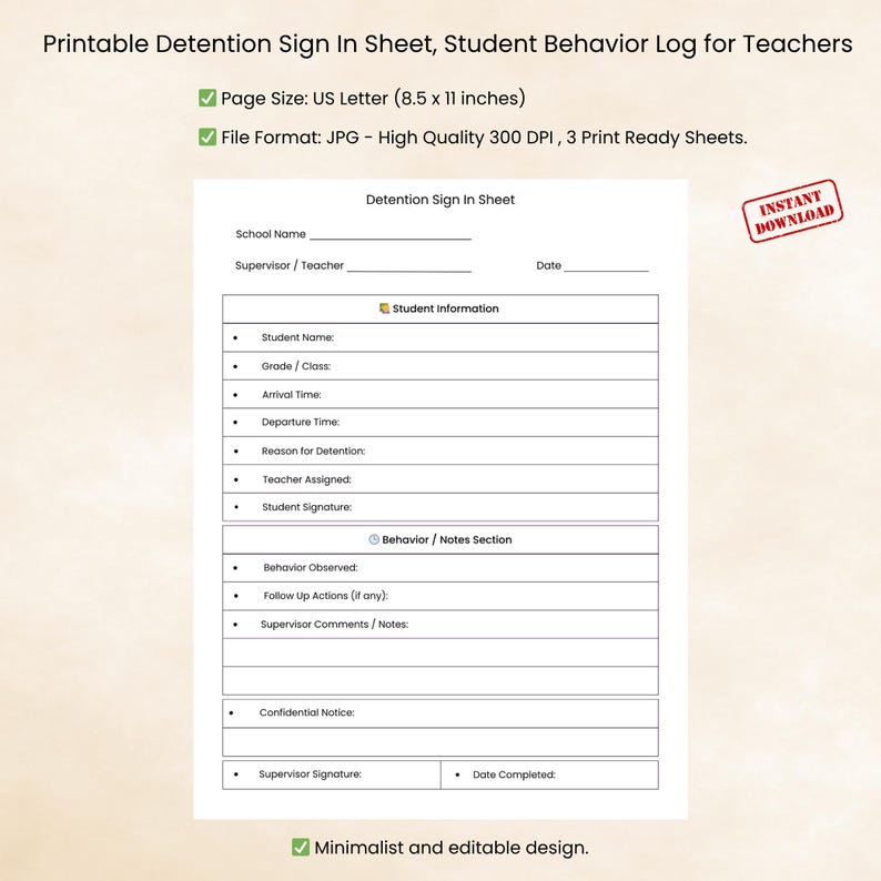 Detention Sign in Sheet | Student Behavior Tracker for Classroom ...