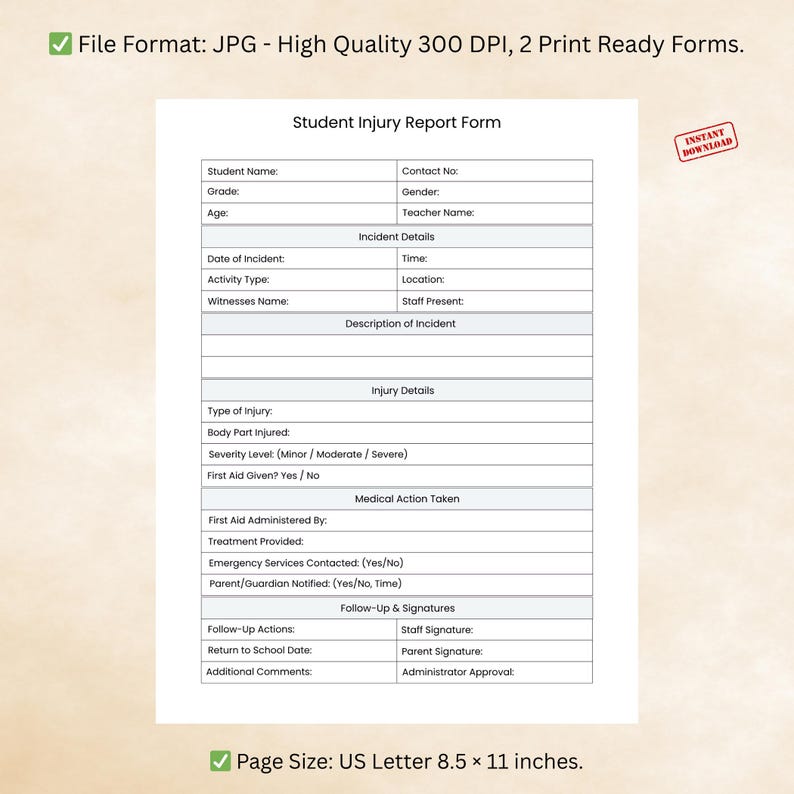 Student Injury Report Form | Accident Report Template - Etsy