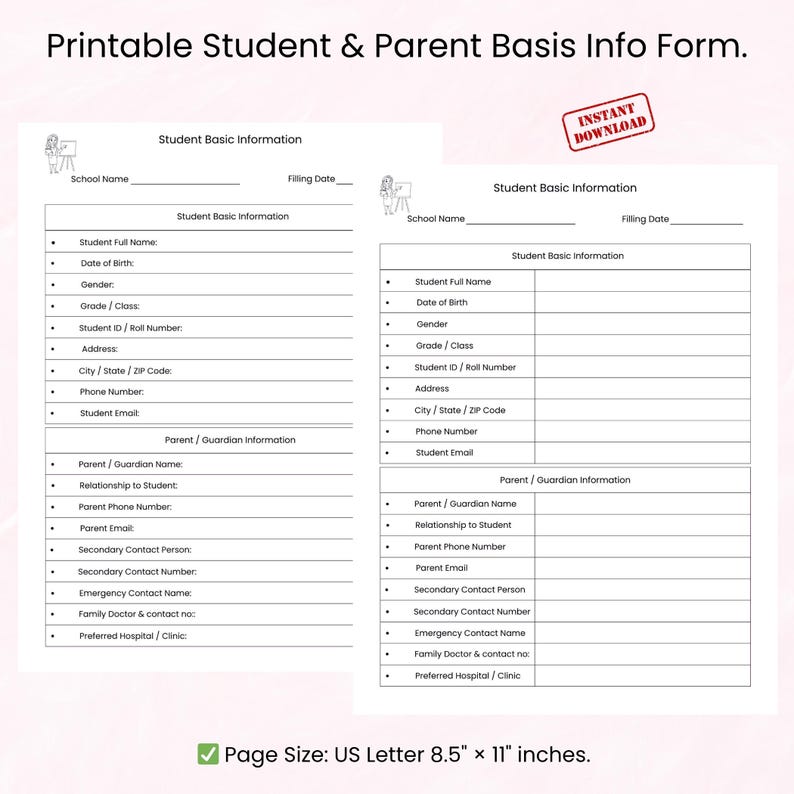 Student Information Sheet | Printable School Info Form - Etsy