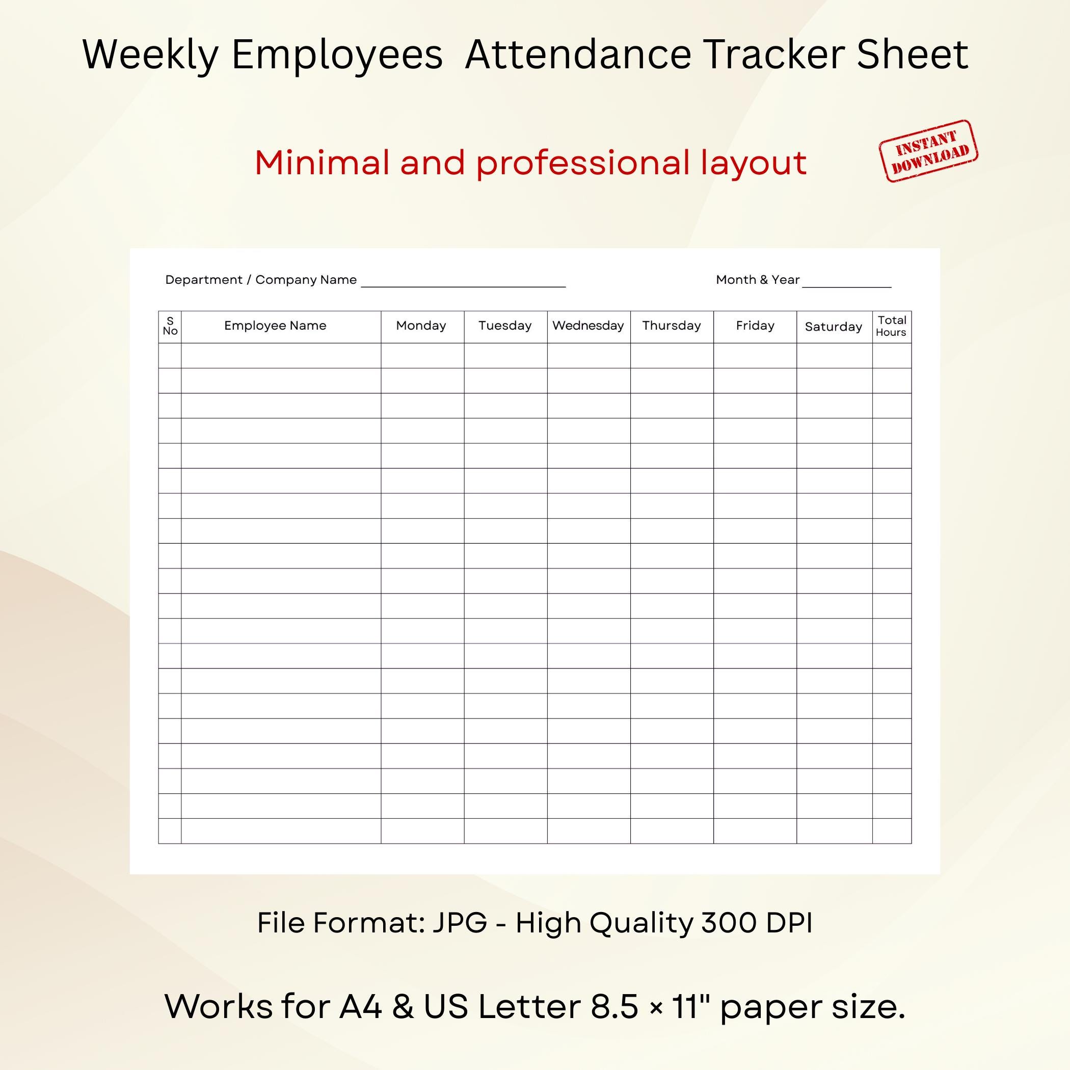 Weekly Attendance Tracker | Printable Employee Timesheet - Etsy