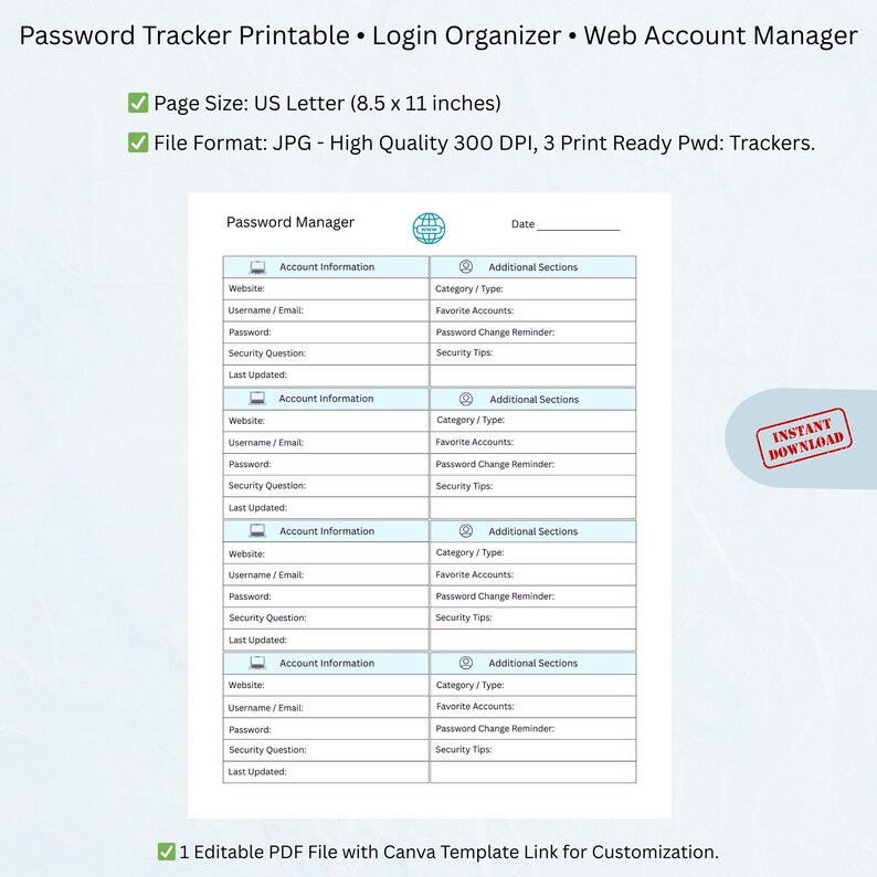 Password Tracker Printable | Login Organizer | Web Account Manager ...