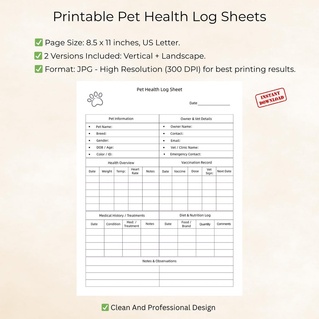 Pet Health Tracker Printable | Vet Record Sheet | Dog Owner Log - Etsy