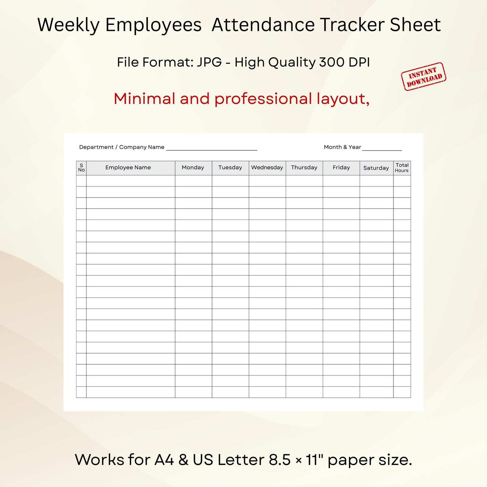 Weekly Attendance Tracker | Printable Employee Timesheet - Etsy