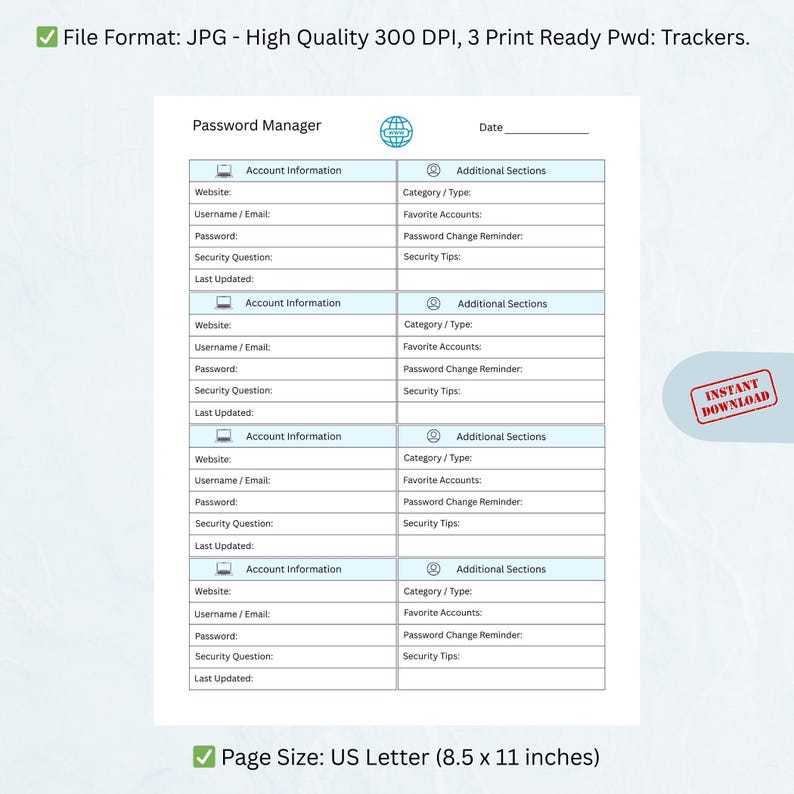 Password Tracker Printable | Login Organizer | Web Account Manager ...