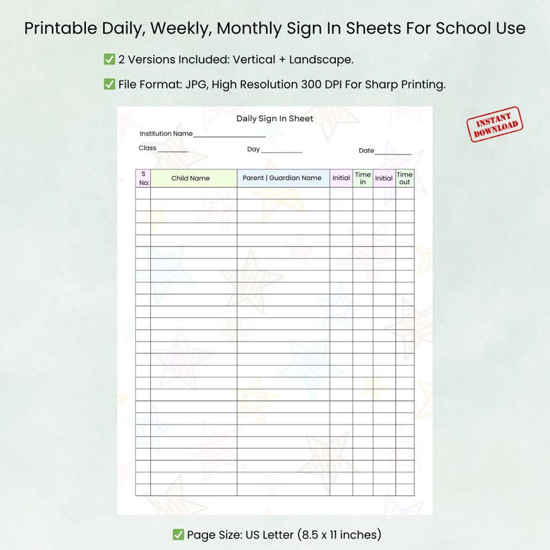 Student Sign in Log Sheet | Printable Attendance Tracker for Classroom ...
