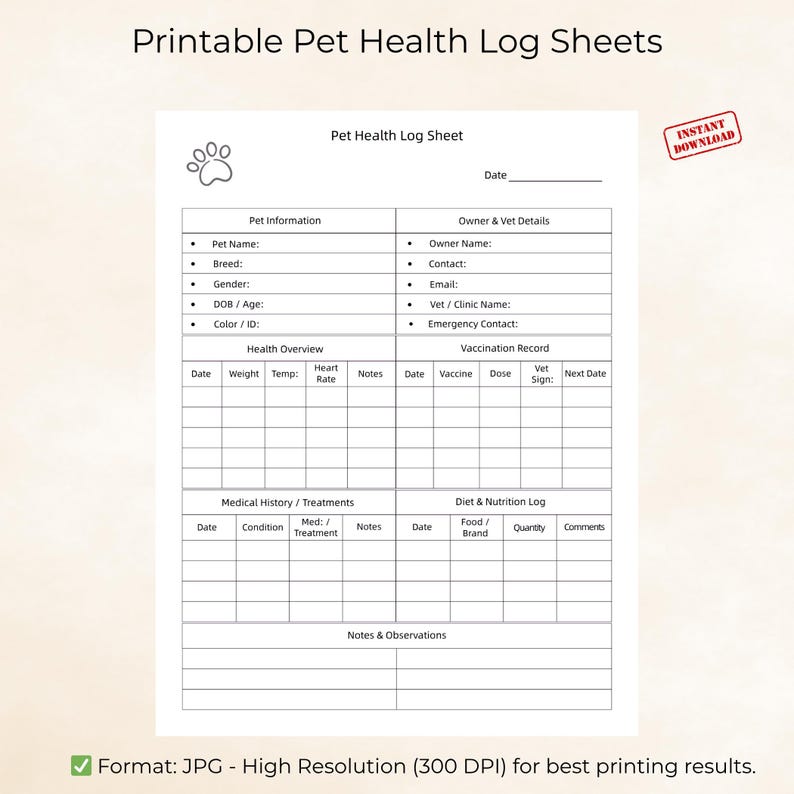 Pet Health Tracker Printable | Vet Record Sheet | Dog Owner Log - Etsy