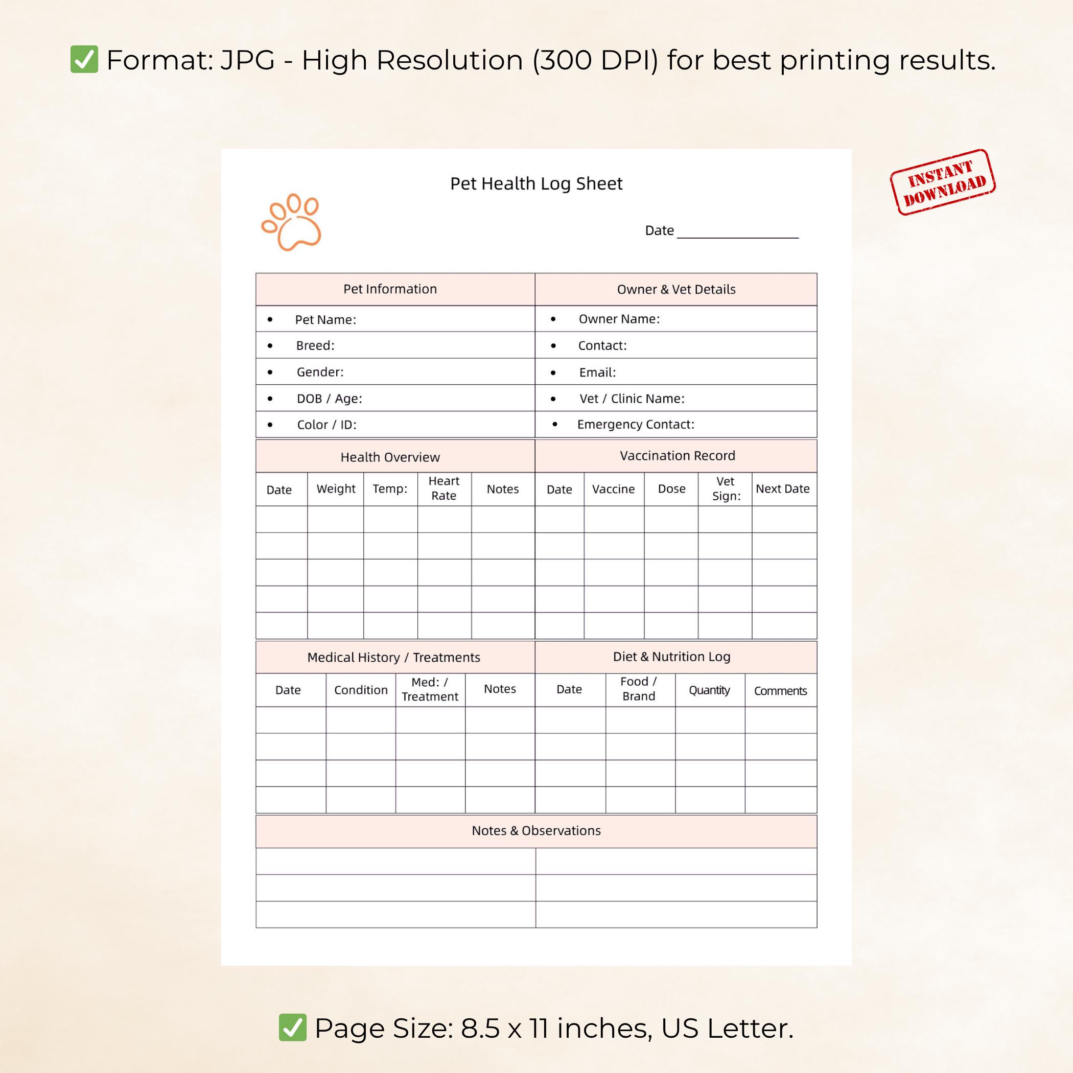 Pet Health Tracker Printable | Vet Record Sheet | Dog Owner Log - Etsy