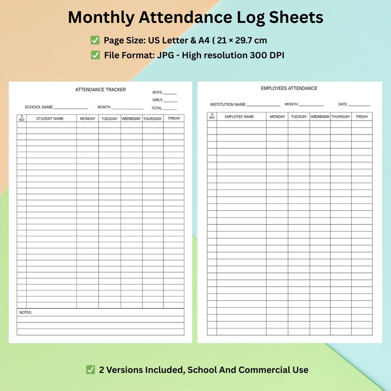 Printable Attendance Log Sheet Bundle for School & Business Use - Etsy ...