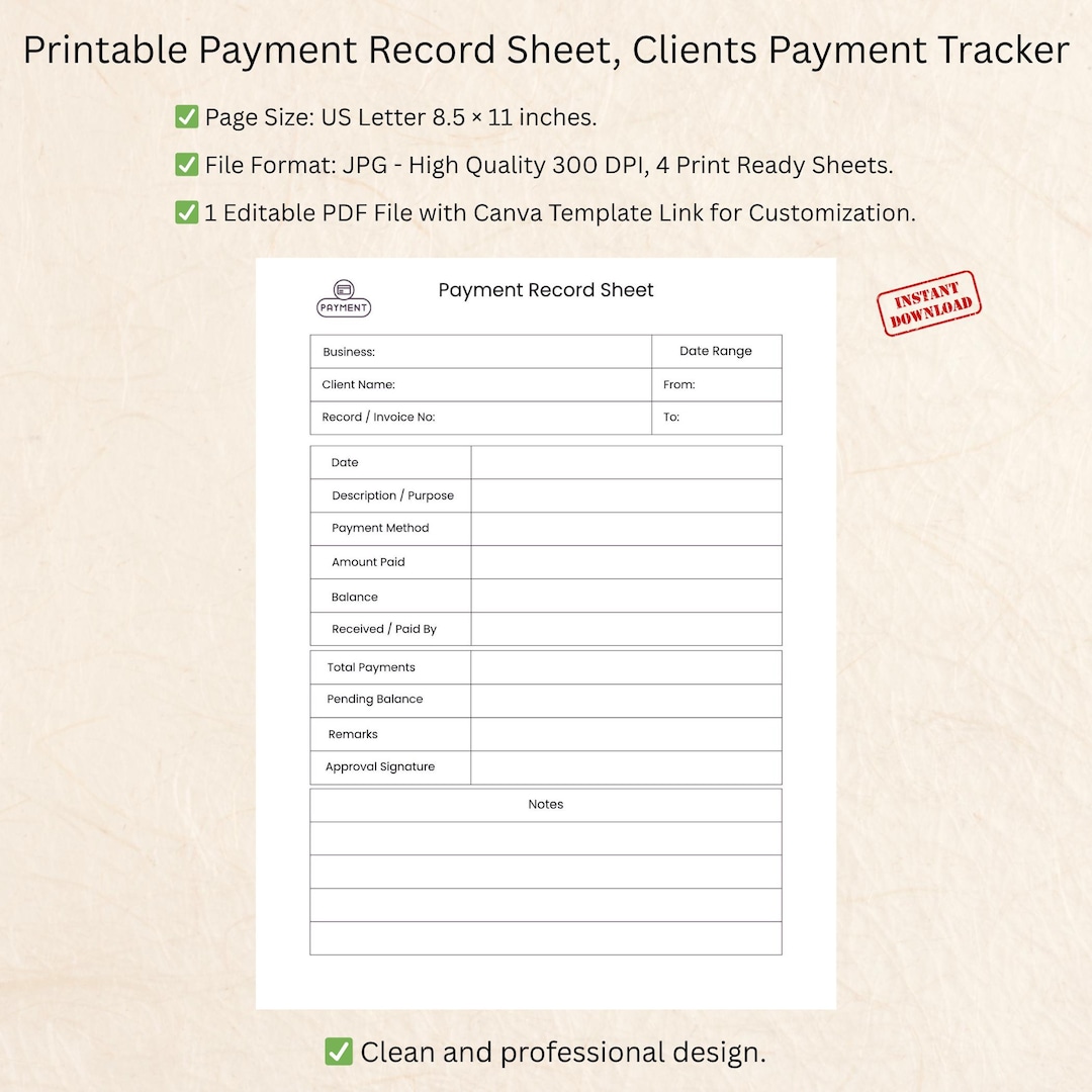 Payment Tracker Sheet | Printable Business Record Template - Etsy