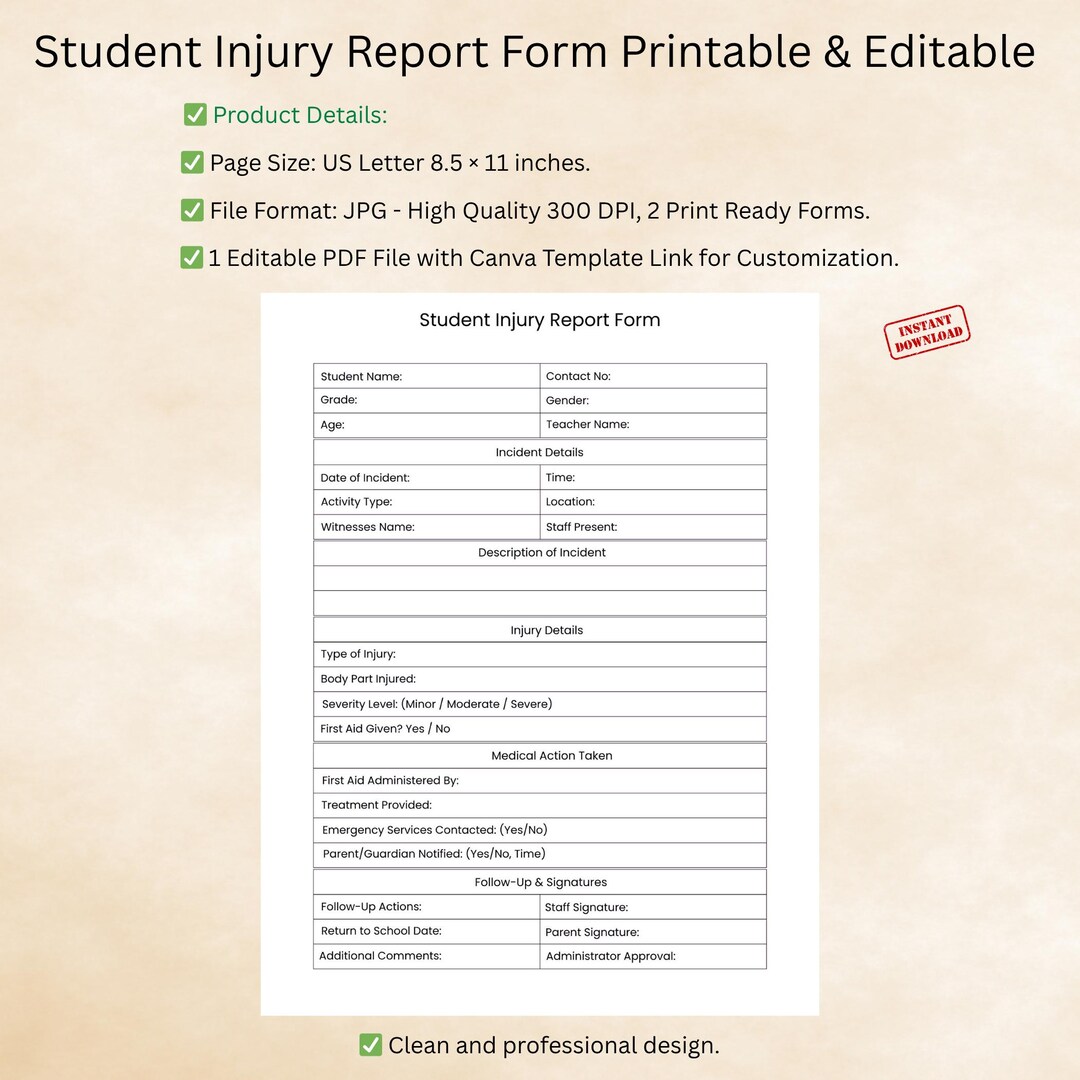 Student Injury Report Form | Accident Report Template - Etsy