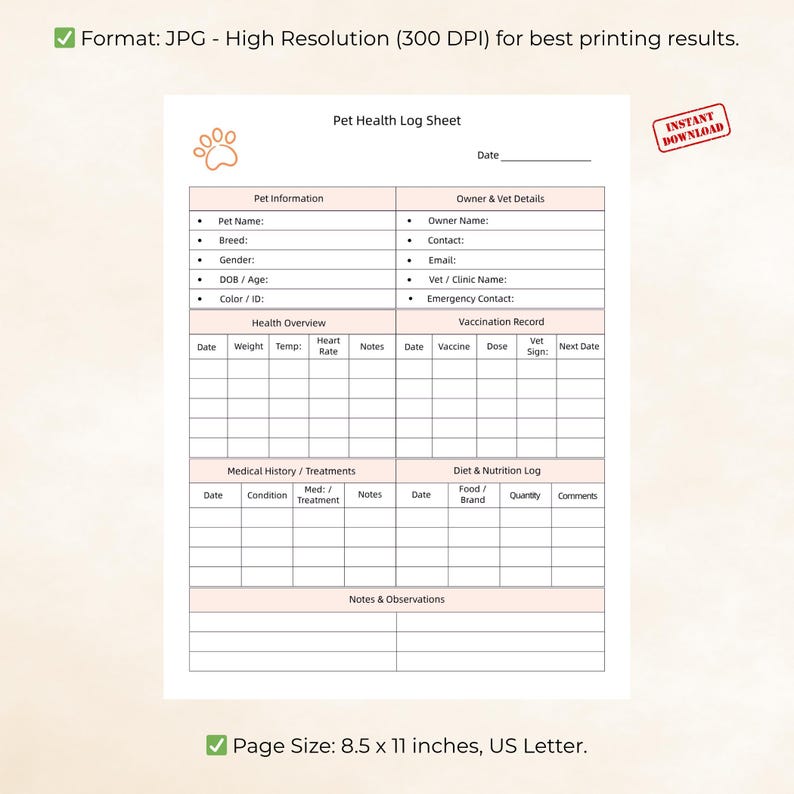 Pet Health Tracker Printable | Vet Record Sheet | Dog Owner Log - Etsy