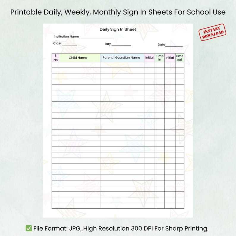 Student Sign in Log Sheet | Printable Attendance Tracker for Classroom ...