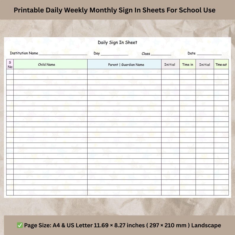 Printable School Sign in Log Sheet | Classroom Attendance Tracker - Etsy