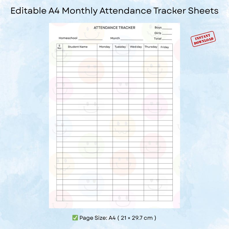 A4 Monthly Attendance Tracker Printable | Homeschool Office Log - Etsy