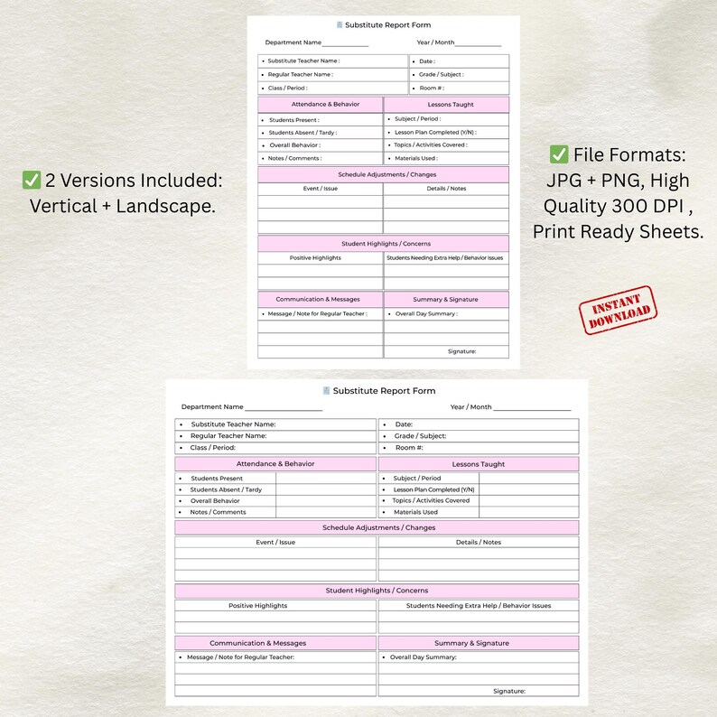 Substitute Teacher Report Form Printable | Daily Class Details - Etsy UK