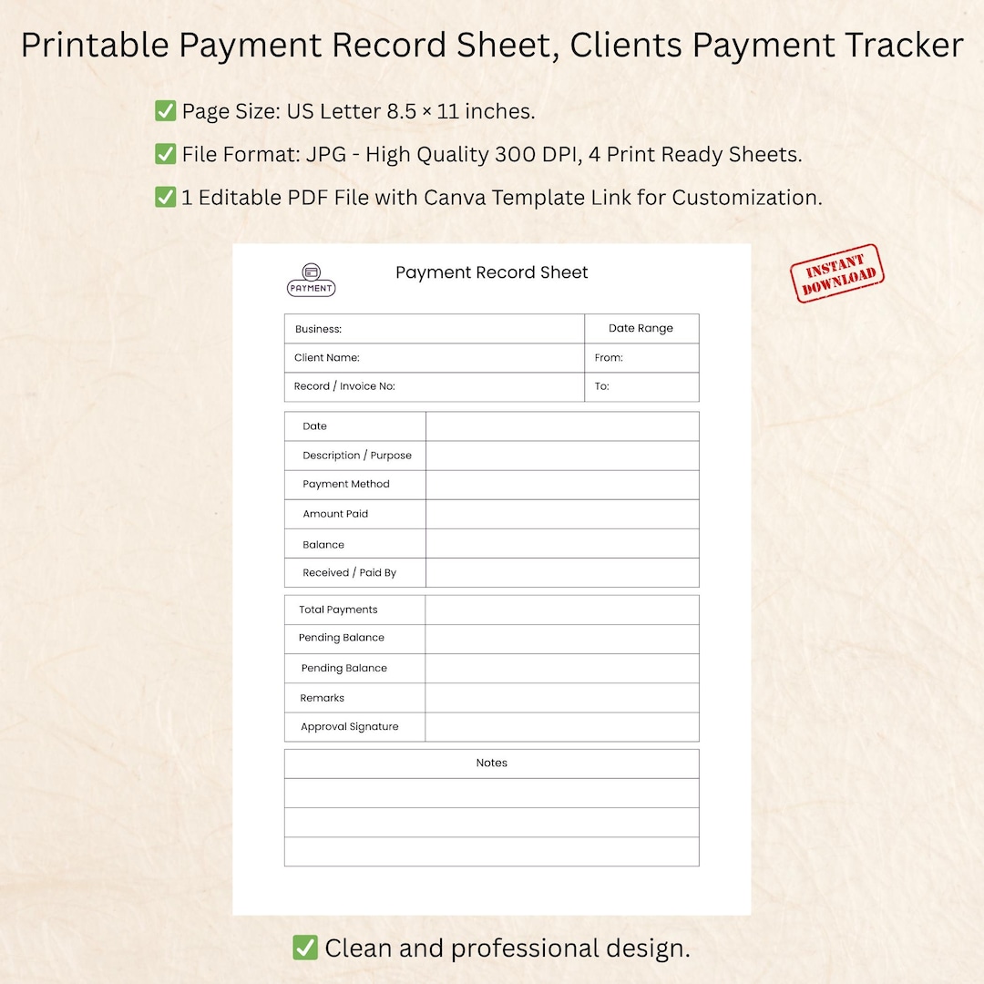 Payment Record Sheet | Printable Payment Tracker | Business Finance Log ...