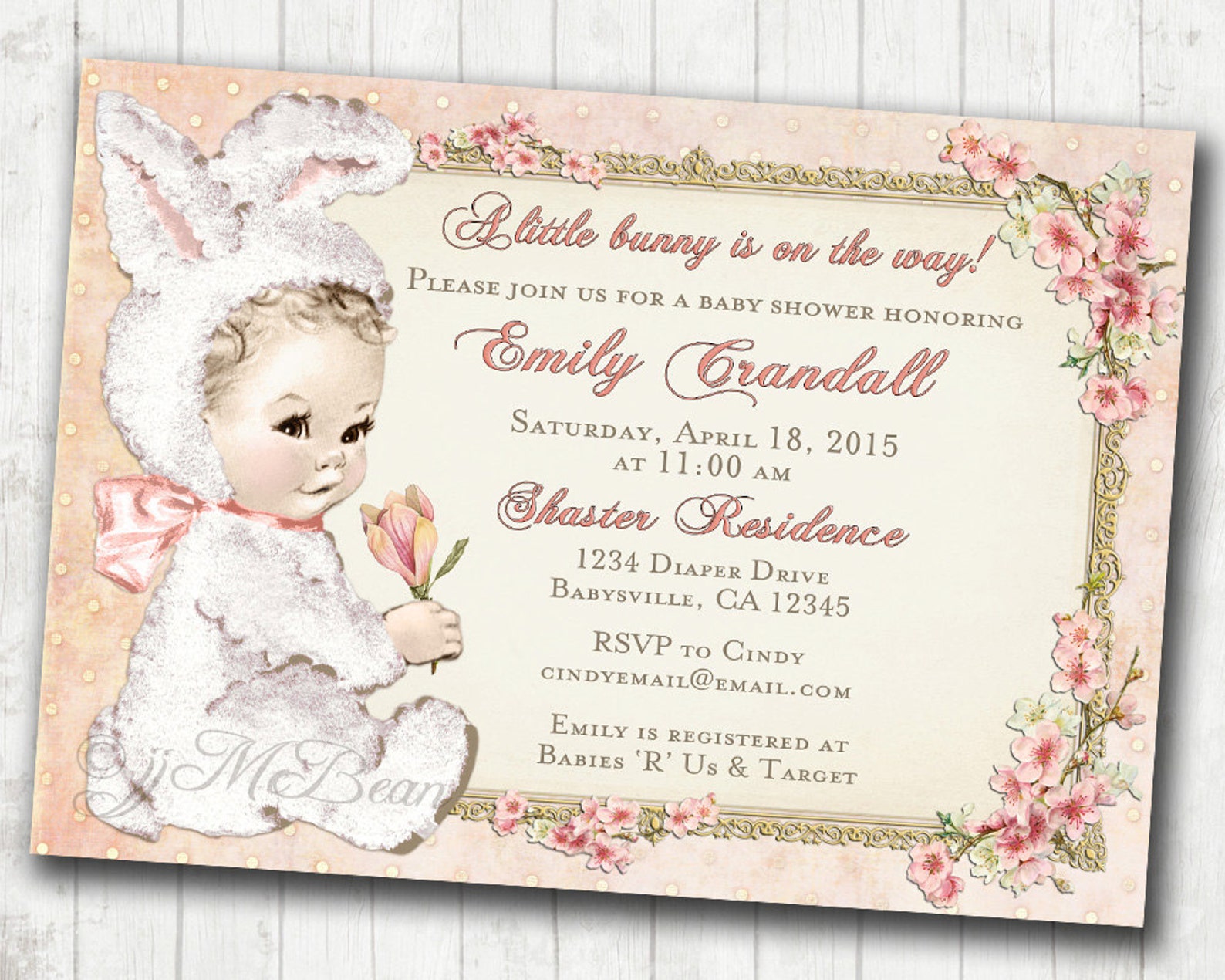 Easter Baby Shower Invitation for Girl Vintage - Bunny - DIY Printable ...