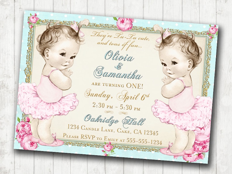 Twins 1st Birthday Invitation for Twin Girls - Shabby Chic Birthday ...