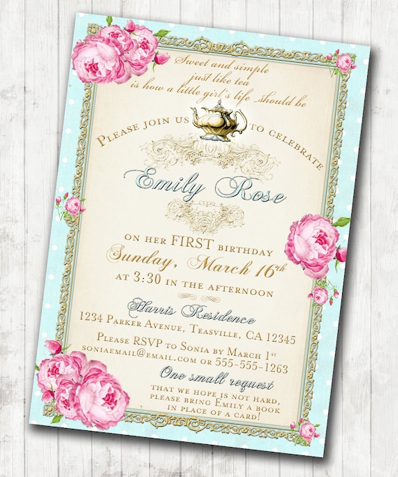 Tea Party Invitation - Birthday Shabby Chic Floral Vintage Birthday ...