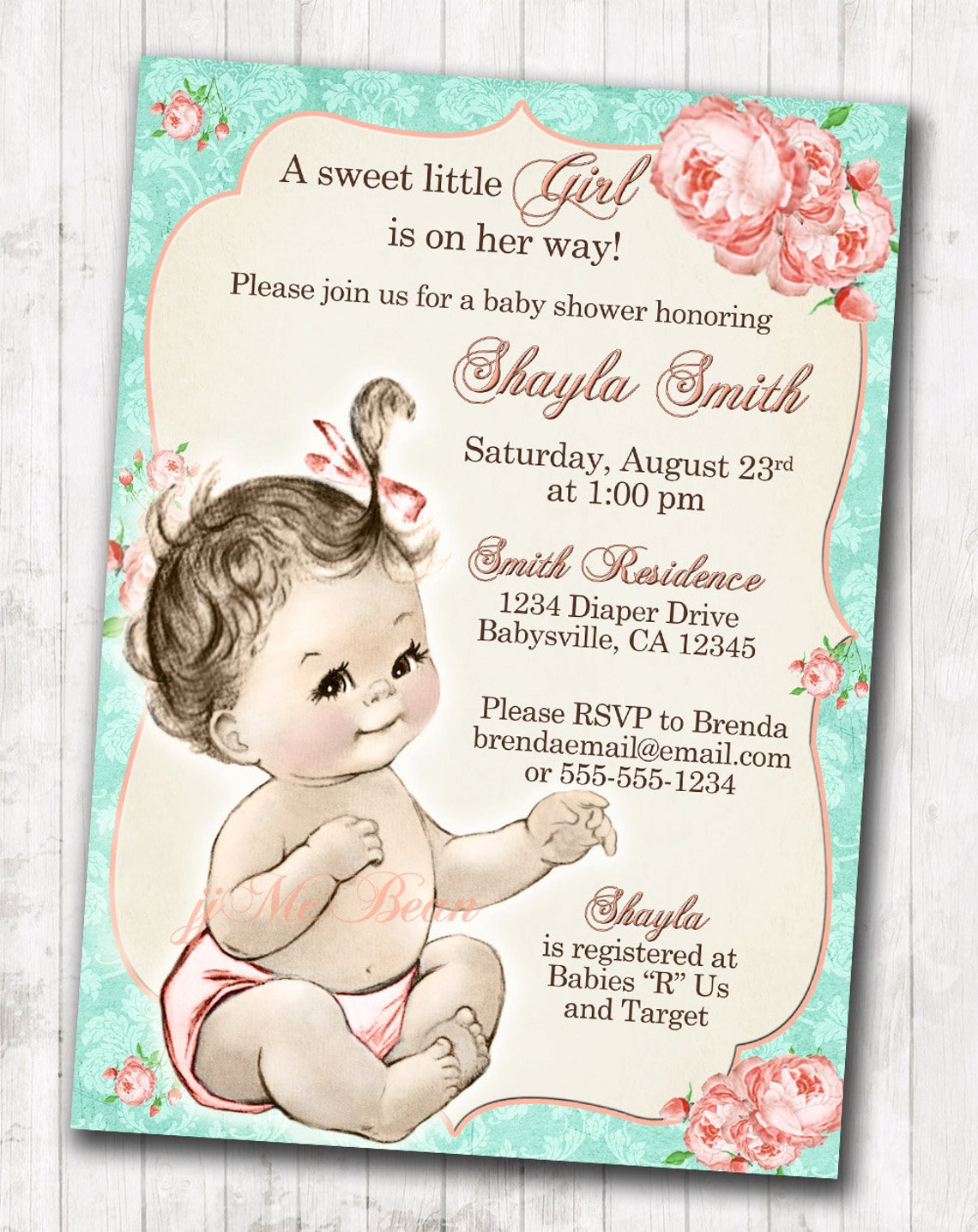 Shabby Chic Floral Vintage Baby Shower Invitation for Girl - Roses Mint ...