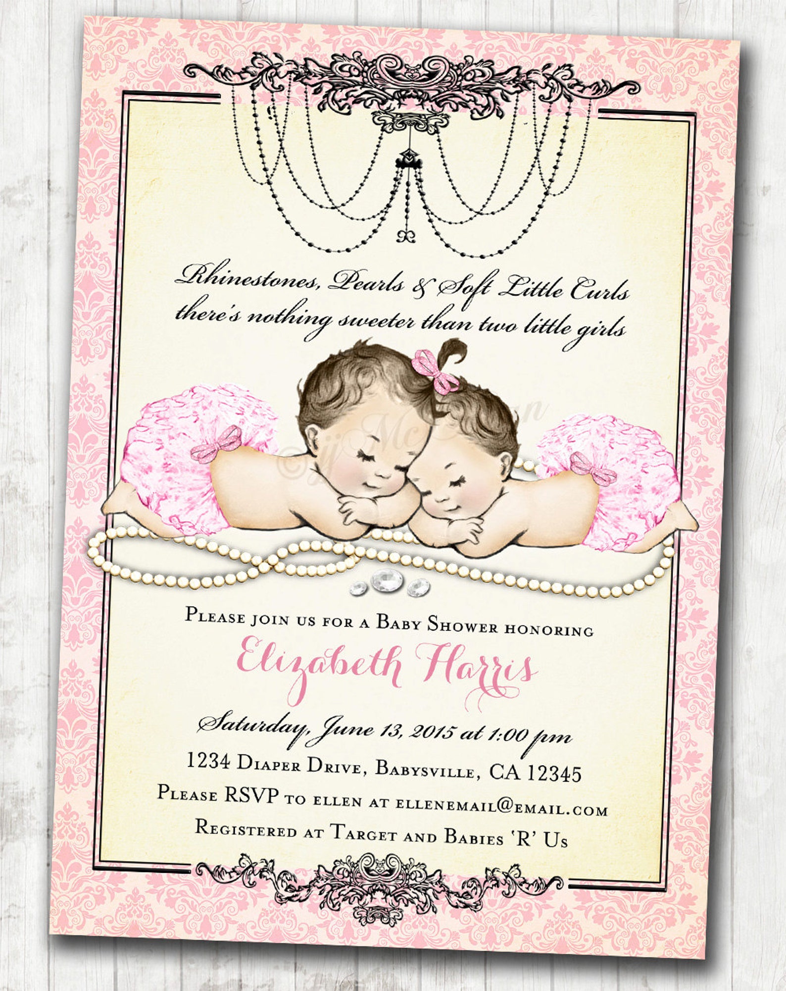 Twin Girls Baby Shower Invitation for Baby Girls Pink Vintage - Etsy
