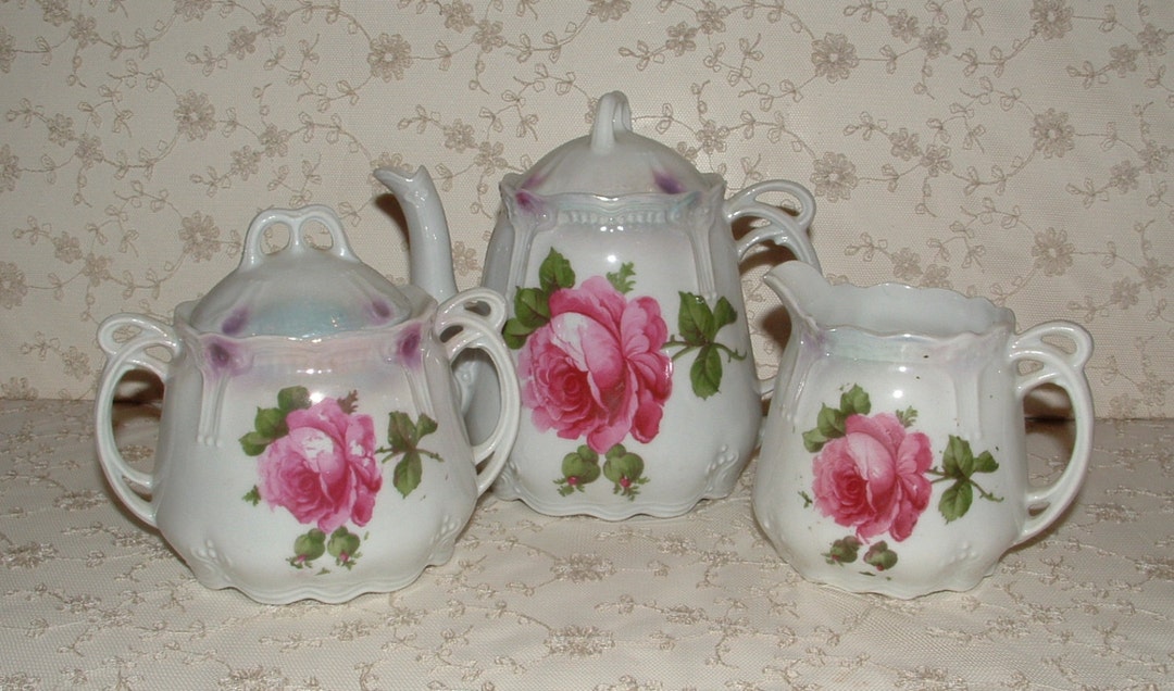 Vintage German Tea Set - Teapot, Sugar & Creamer - Palest Blue, Pink ...