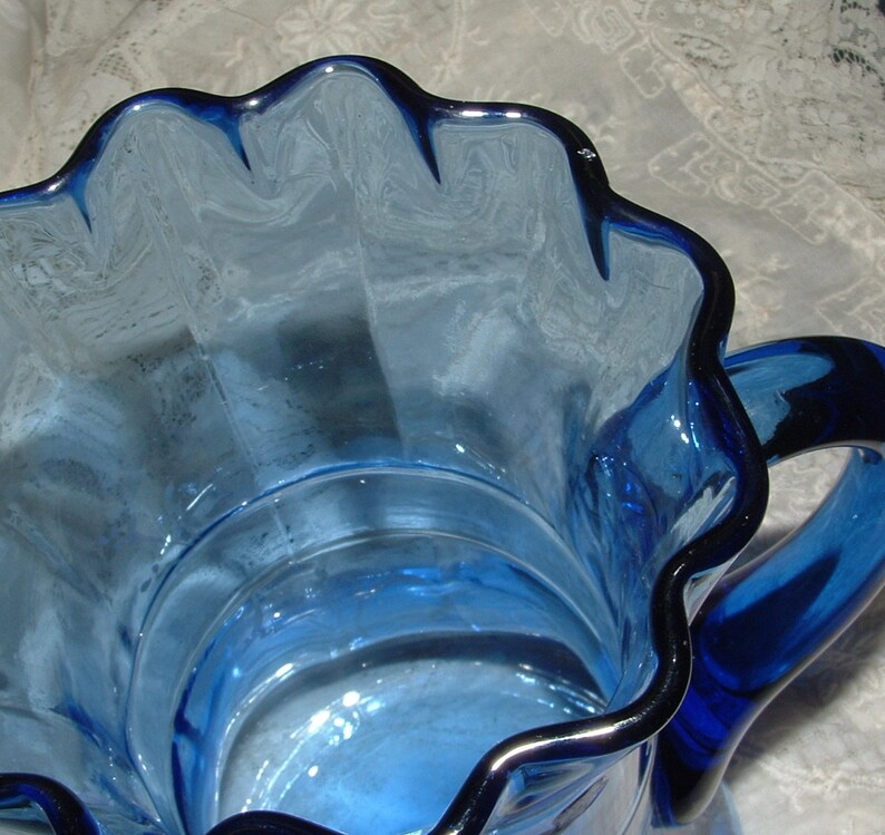 Victorian Cobalt Blue Glass Pitcher Handpainted Ruffled - Etsy