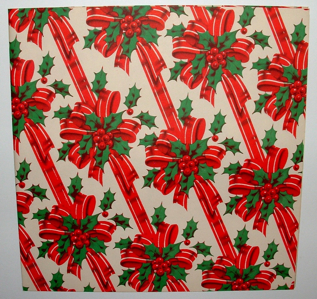 Full Sheet - Holly, Red Ribbon Bows - 1950's Christmas Gift Wrapping ...