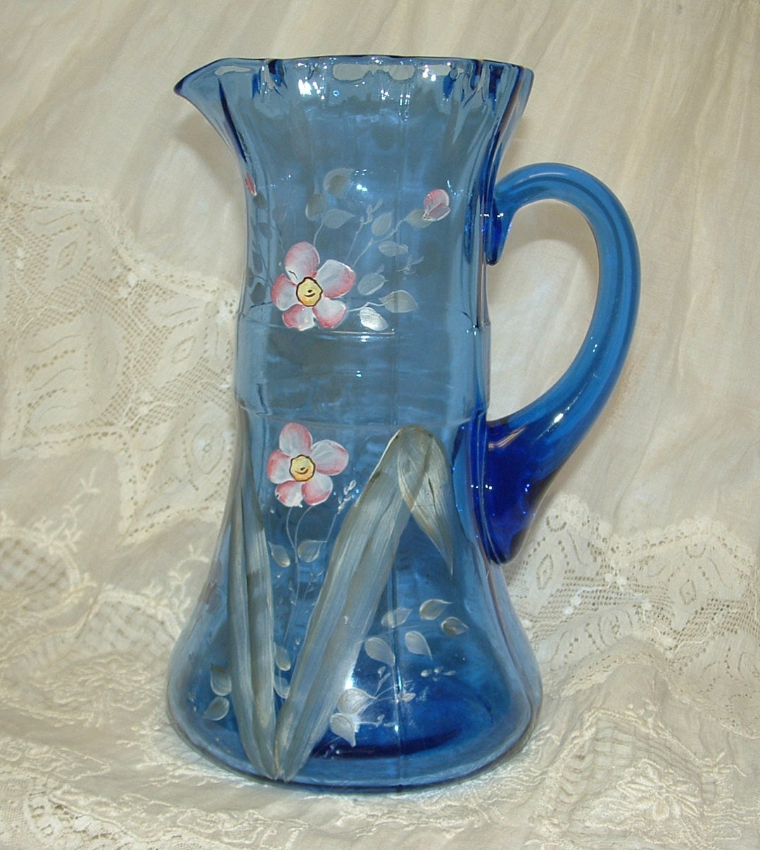Victorian Cobalt Blue Glass Pitcher - Handpainted - Ruffled Edge - Etsy