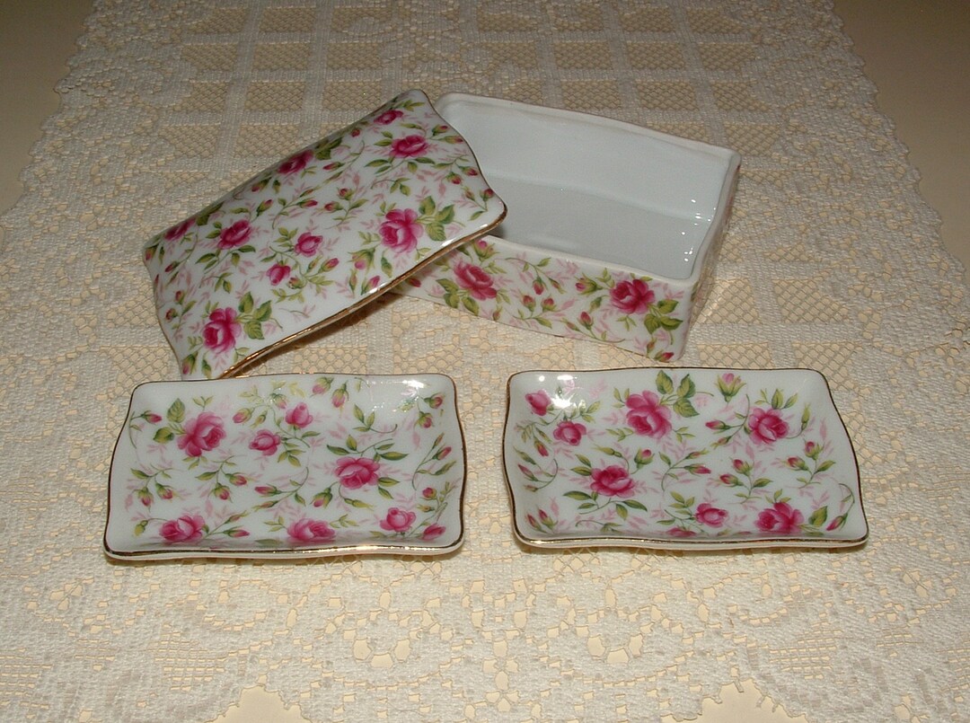 Vintage LEFTON Rose Chintz Vanity Box With Lid, 2 Trays - 788R - Etsy