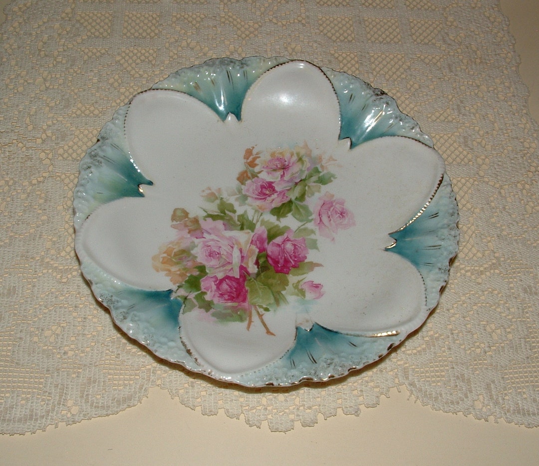Antique RS PRUSSIA, Red Mark - Decorative Plate, Pink Roses, Blue, Gold ...