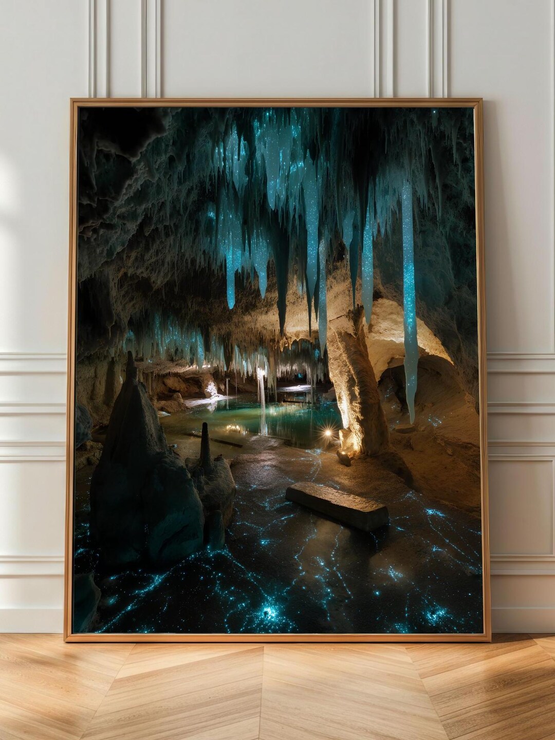Glowing Cave Art Print | Mystical Stalactites Pool | Underground ...