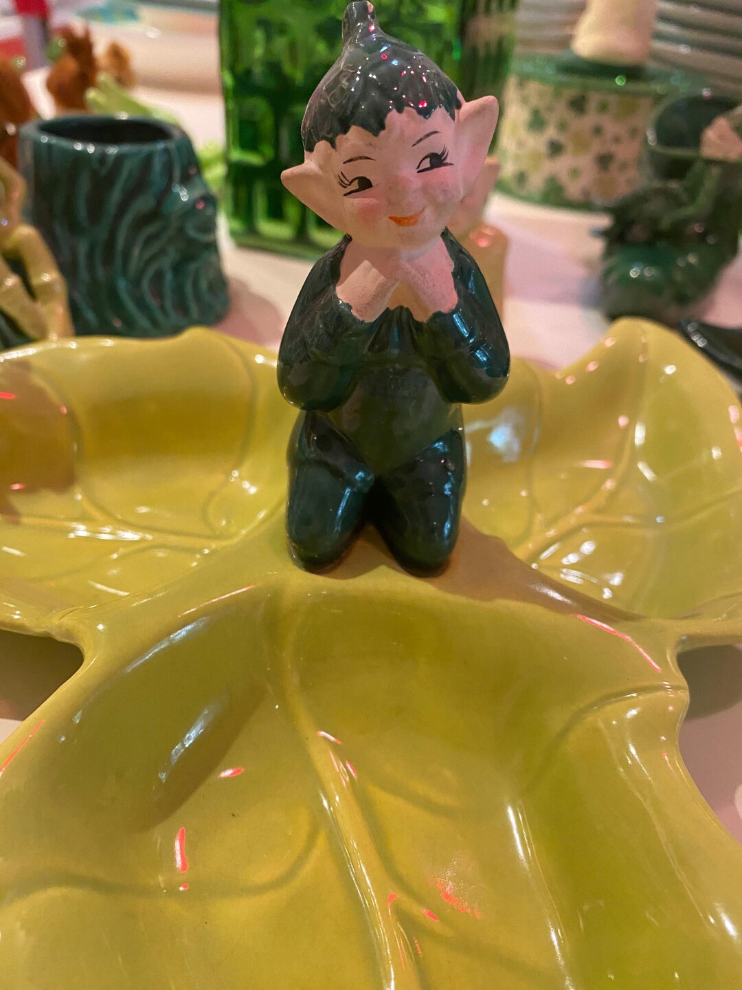 Collectible Gilner Green Pixie Elf Leaf Tray Vintage 1950- - Etsy