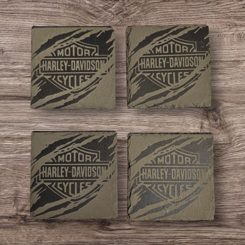 Set of Four Harley Davidson Laser Engraved Slate Coasters. - Etsy