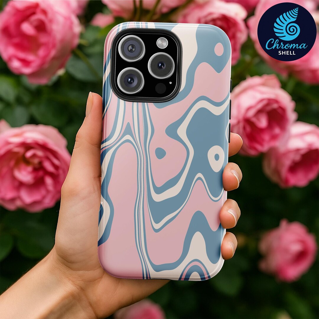 Retro Wavy Marble Phone Case: Pastel Pink & Blue Abstract Art - Etsy